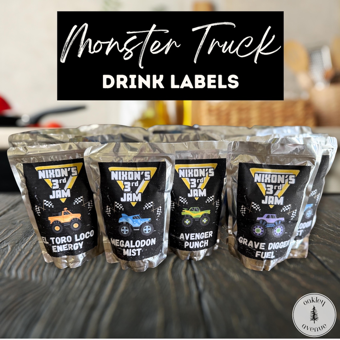 Custom Monster Truck Drink Labels Editable Digital Juice Box Label ...