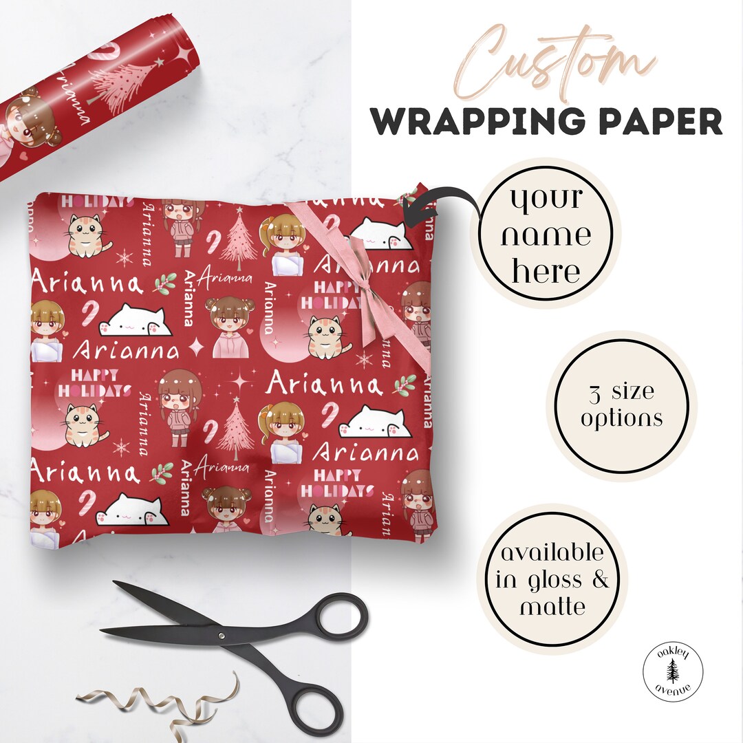 Anime Christmas Custom Gift Wrap Kawaii Cat Personalized Wrapping Paper ...