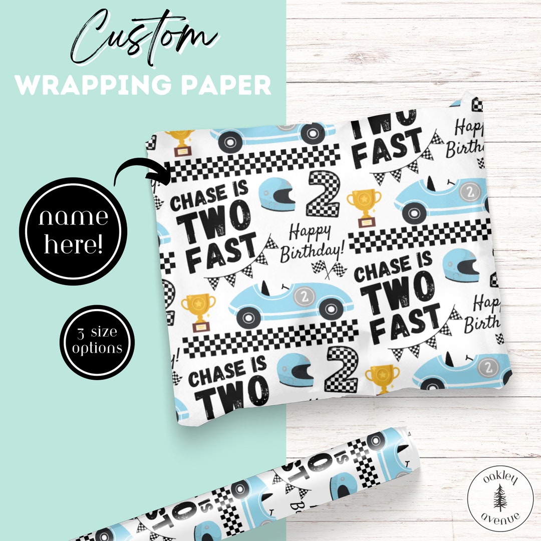 Two Fast Blue Car Themed Birthday Party Custom Gift Wrap Personalized ...