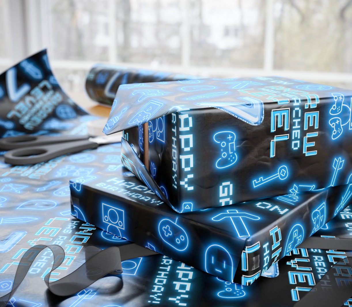 Level up Gamer Boys Birthday Gift Wrap Game on Themed Party Supplies ...