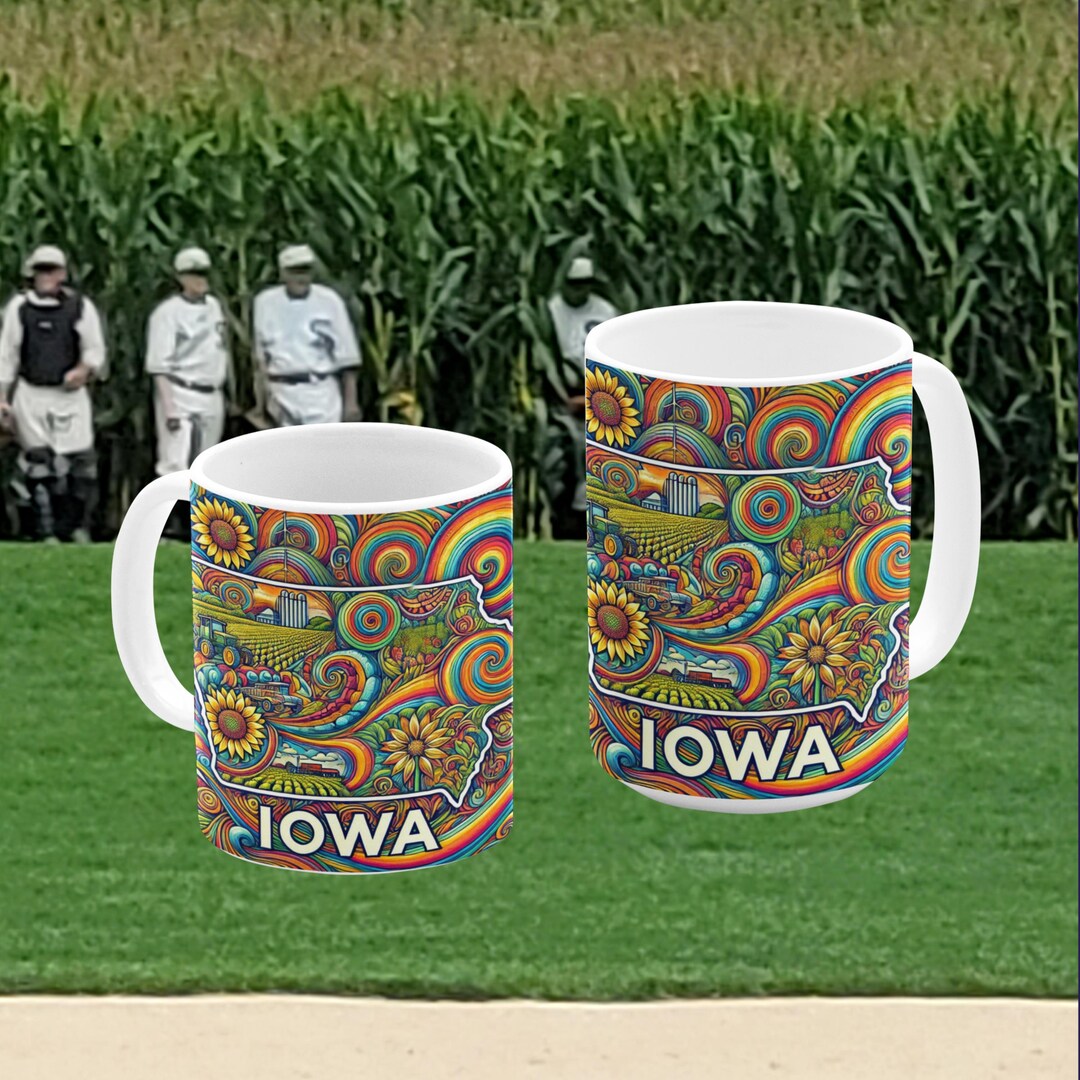 Iowa Coffee Mug | Psychedelic State Outline and Sunflowersm Farm Scene ...