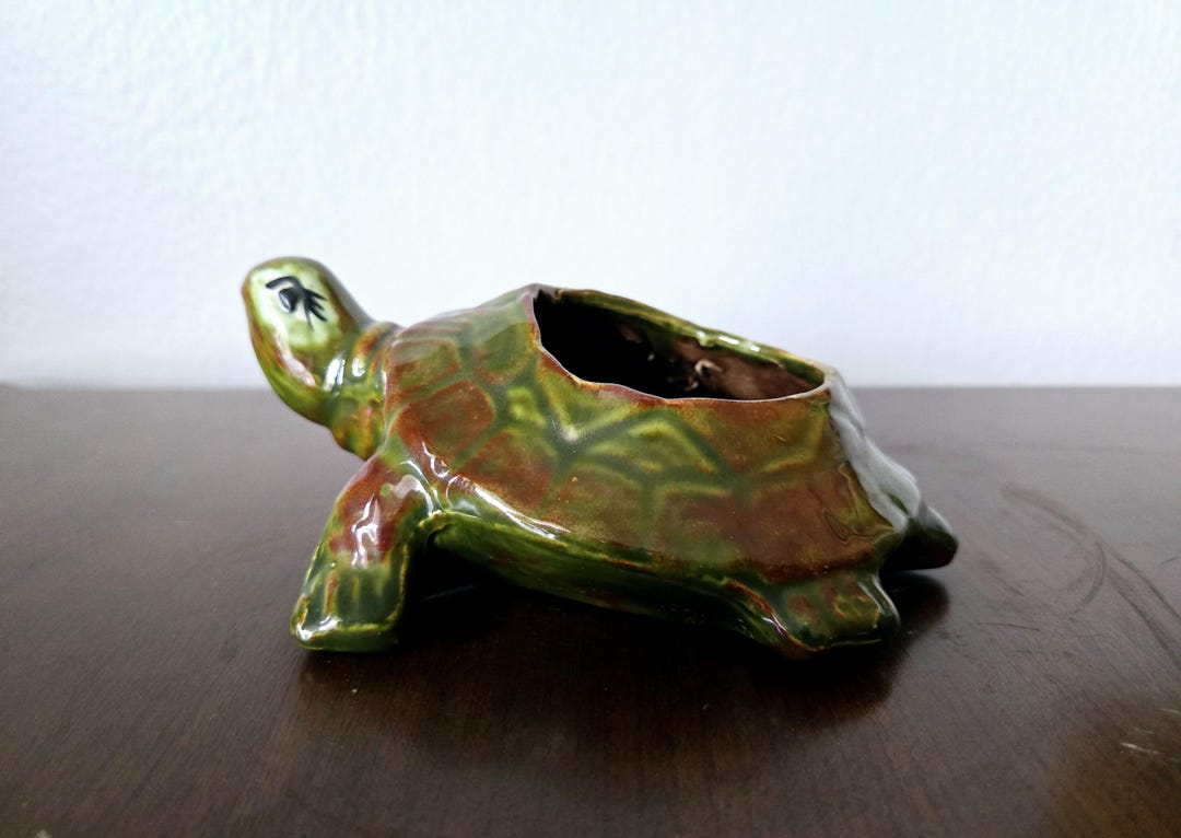 Mid Century Green Ceramic Turtle Planter Original Art Folk Art Turtle ...