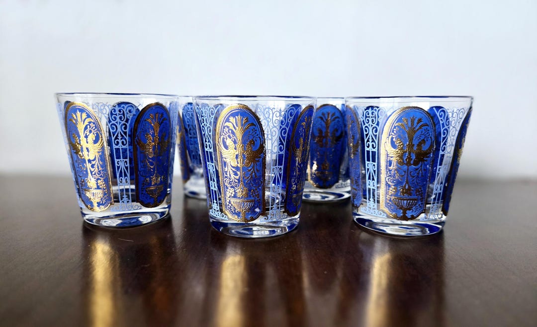 Vintage Cera Blue and Gold Glassware Ceraglass 22K Hollywood Regency ...