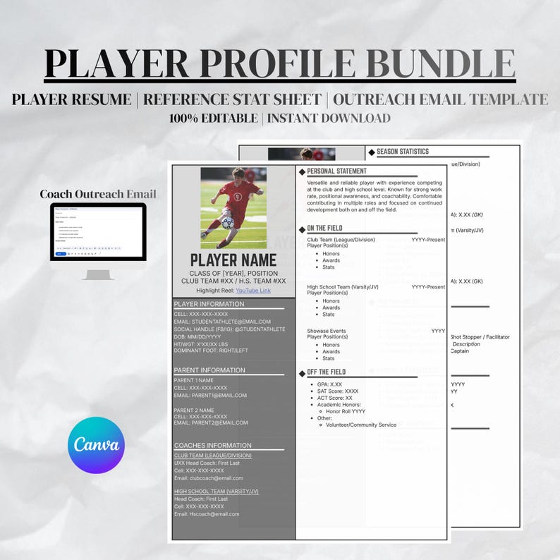 Soccer Resume Template, Stat Sheet, and Coach Email Template Bundle ...
