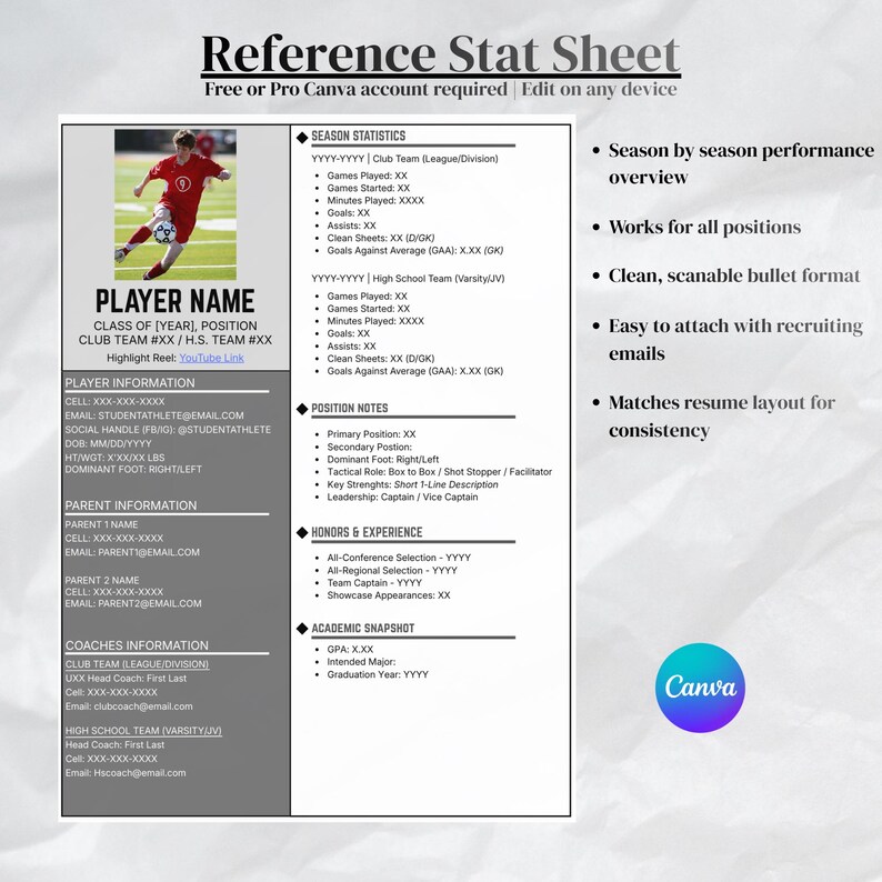 Soccer Resume Template, Stat Sheet, and Coach Email Template Bundle ...