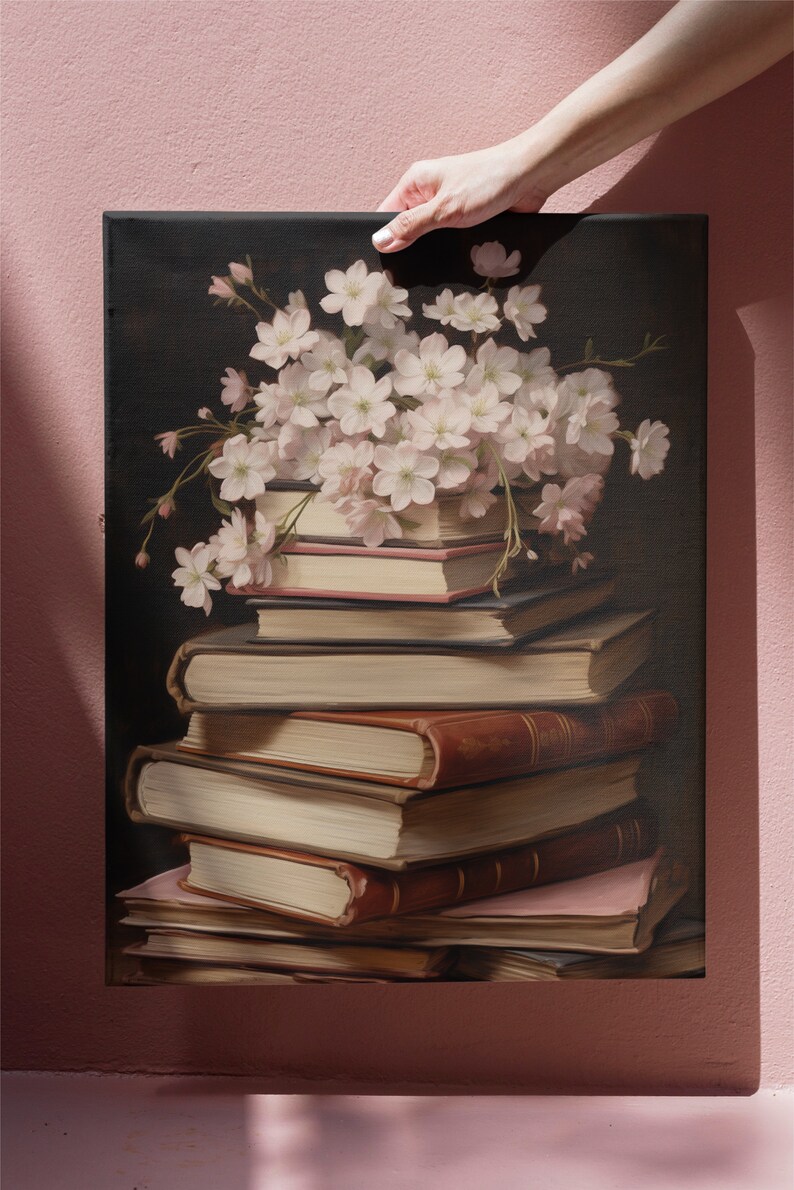Pink Cherry Blossom Book Stack Painting | Spring Flowers Wall Art ...