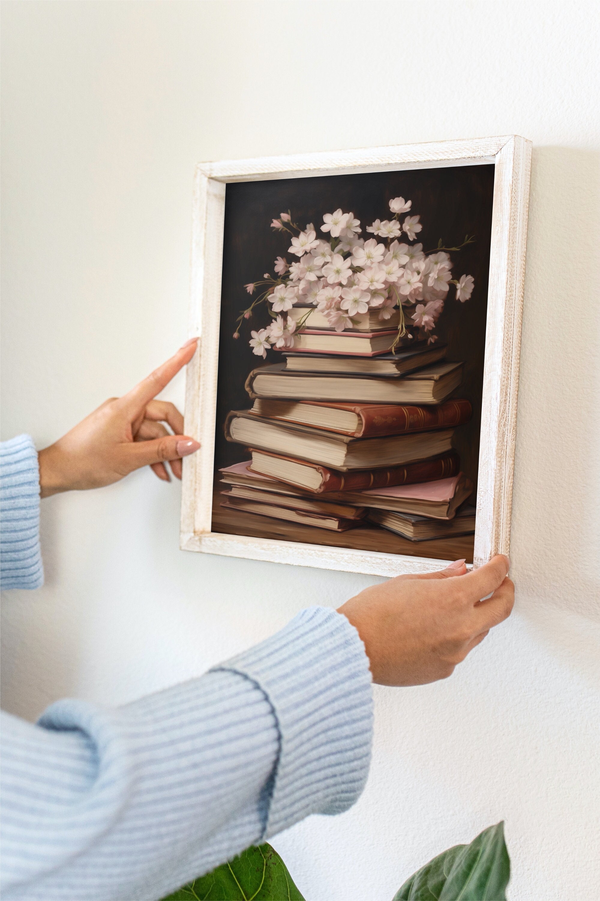 Pink Cherry Blossom Book Stack Painting Spring Flowers Wall Art ...