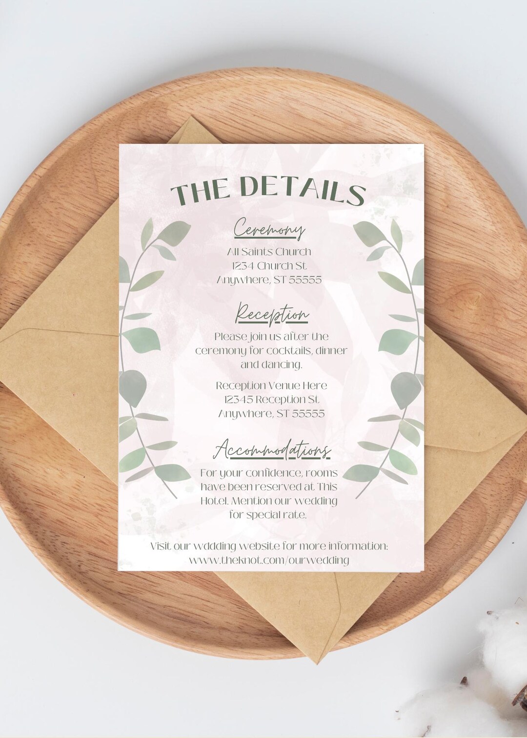 Editable Pink Floral & Sage Wedding Details Insert | Digital Template ...