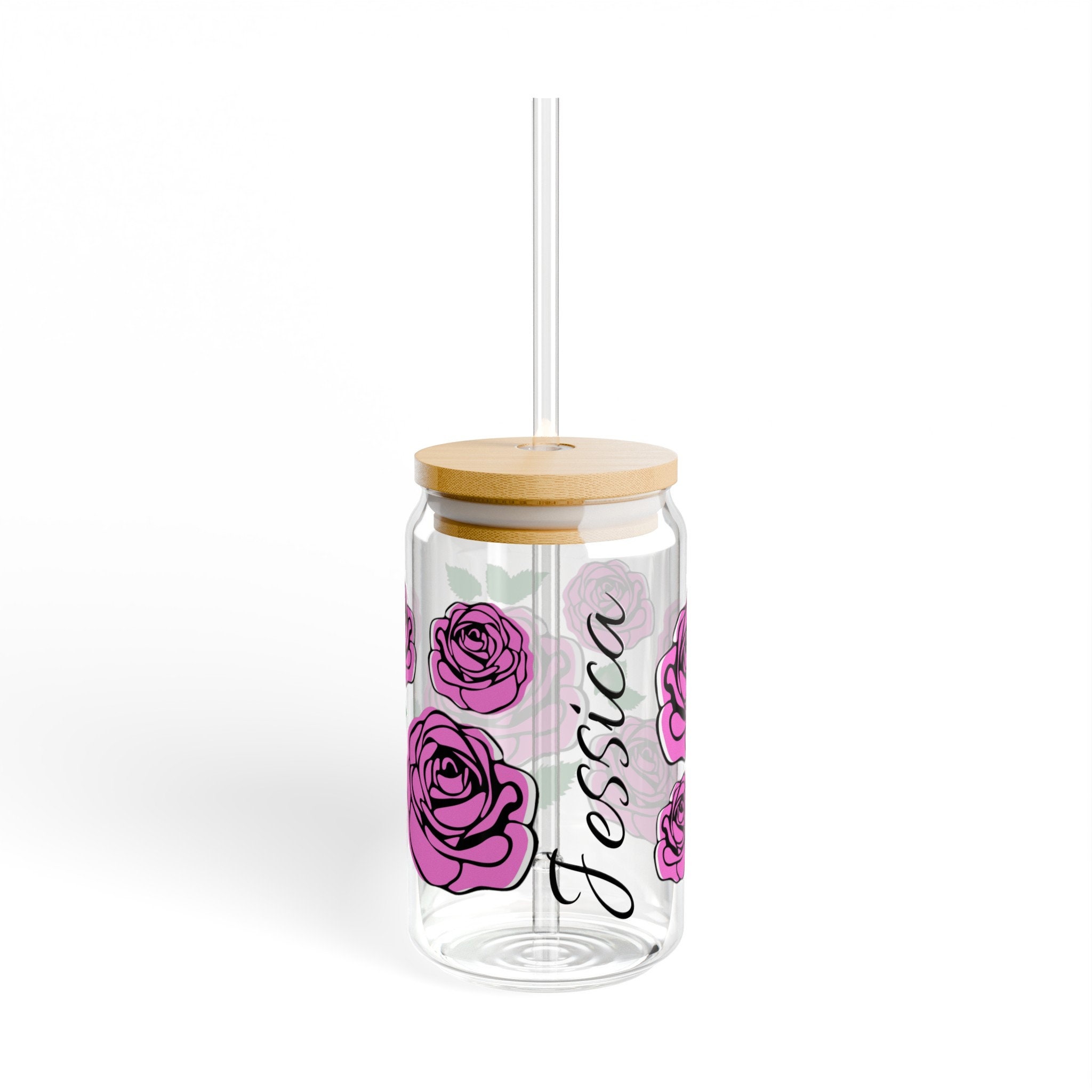 Personalized Rose Outline Sipper Glass Jar Floral Glass Tumbler Ice Tea ...