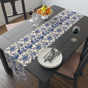 Toile De Jouy Table Runner (cotton, Poly) Blue French Floral Table ...