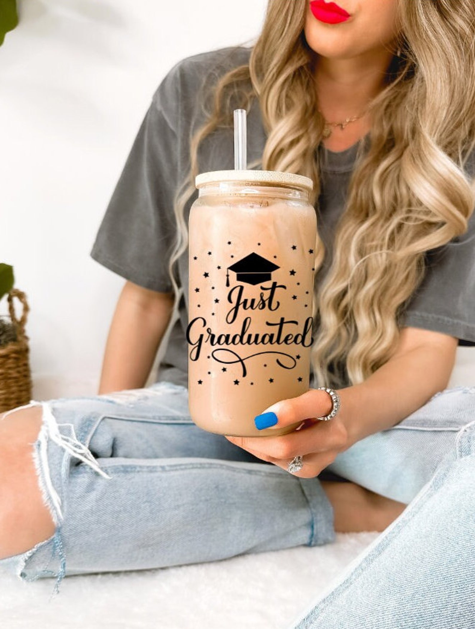Just Graduated Glass Jar Graduation Tumbler Gift for Her Graduation ...