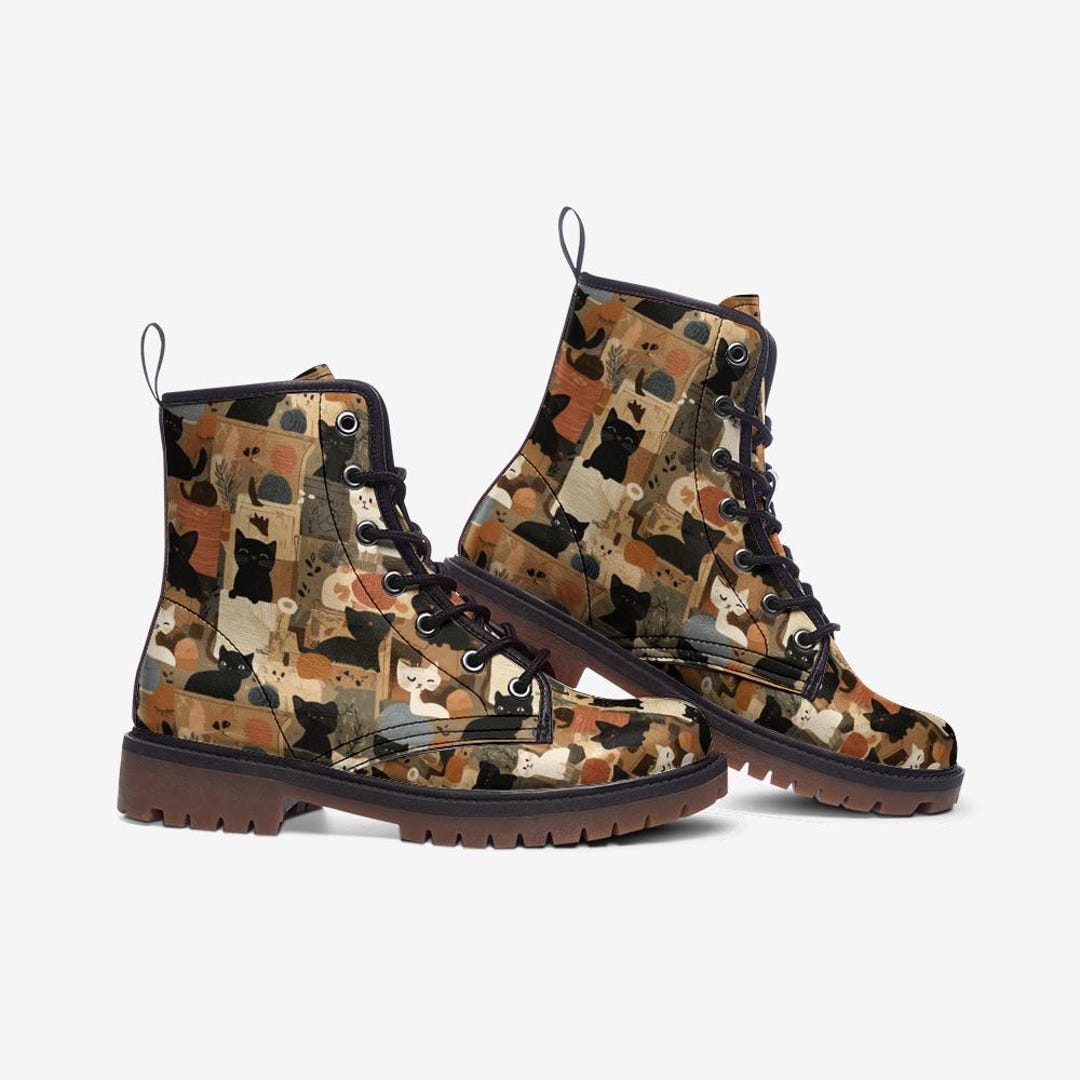 Cute Cat Combat Boots Cute Cat Casual Vegan Leather Lightweight Boots ...