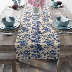 Toile De Jouy Table Runner (cotton, Poly) Blue French Floral Table ...