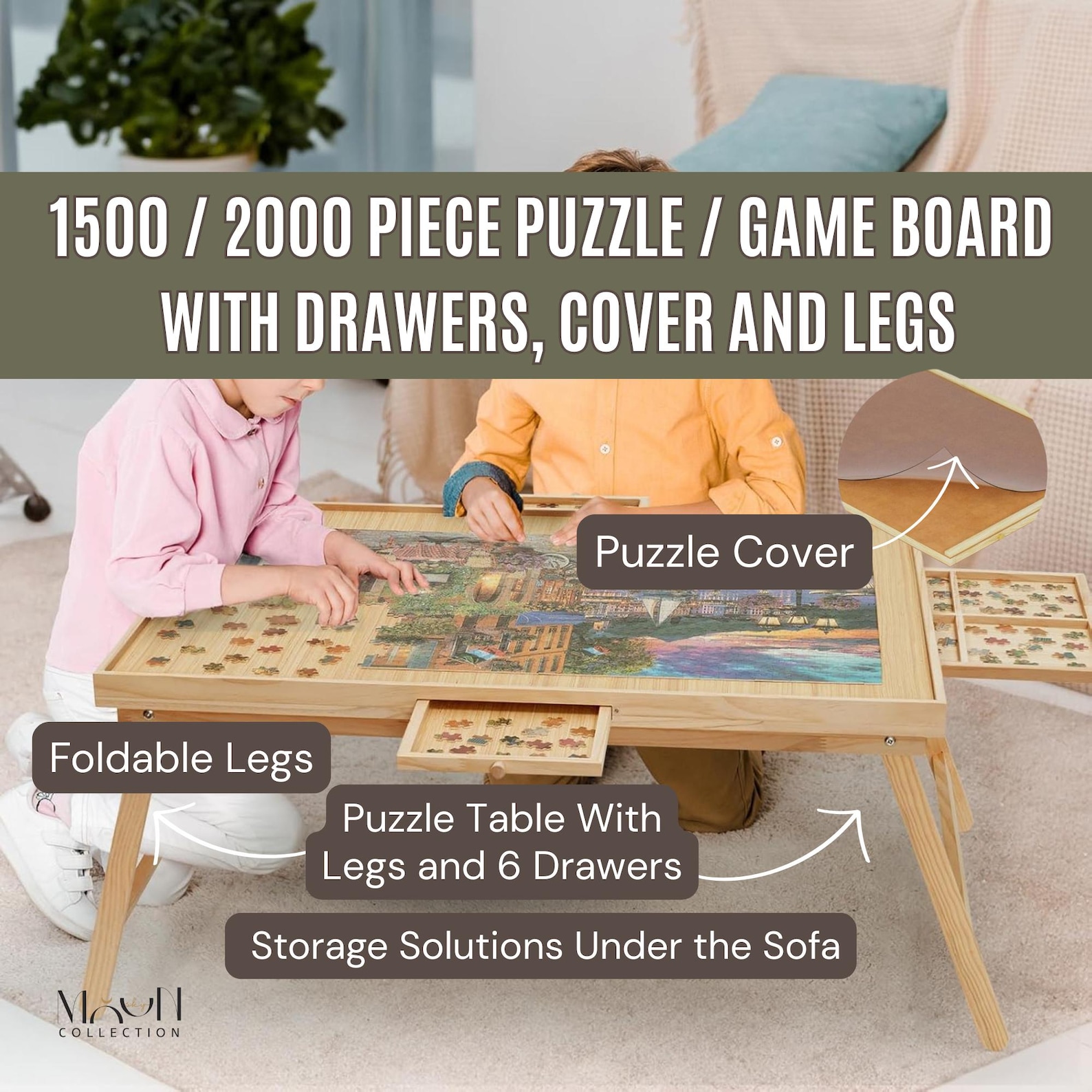1500/2000 Piece Puzzle Table With Legs & 6 Drawers Cover 26"x35 ...