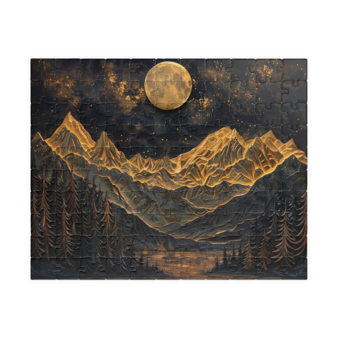 Mountain and Trees Puzzle Wood Panel Effect Wooden Style Pine Tree ...
