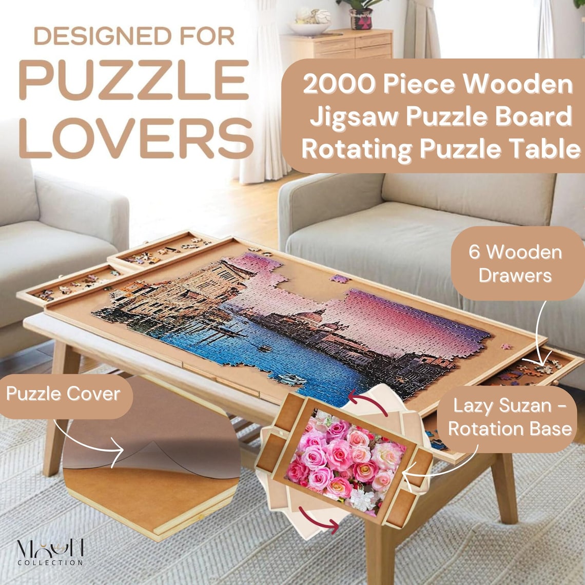 2000 Piece Puzzle Jigsaw Board With 6drawers Rotating Wooden Puzzle ...