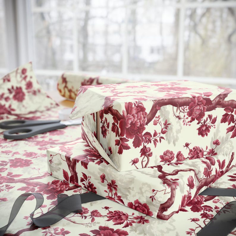 Burgundy Toile Wrapping Paper Roll Botanical Floral Peony French Toile ...