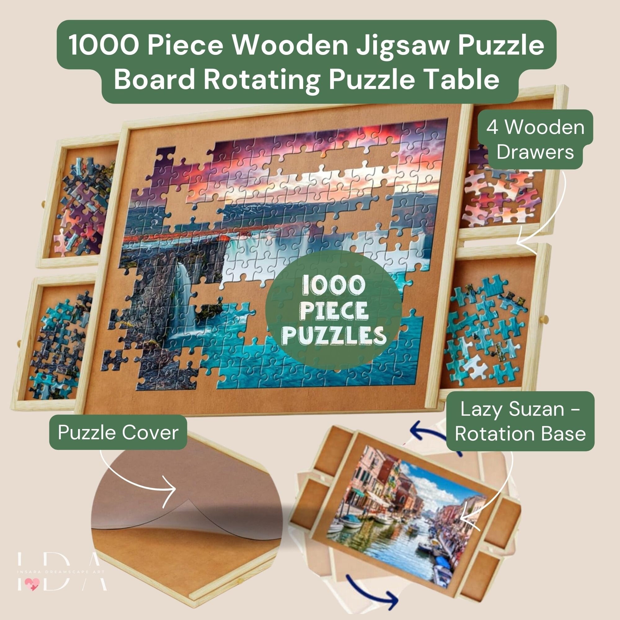 Puzzle Jigsaw Table With 4 Drawers Rotating Wooden Puzzle Board 22”x30 ...