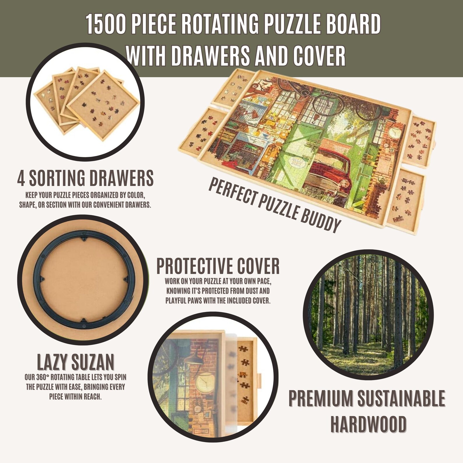 1500 Piece Rotating Puzzle Board With 4 Drawers & Cover,28"x35"portable ...