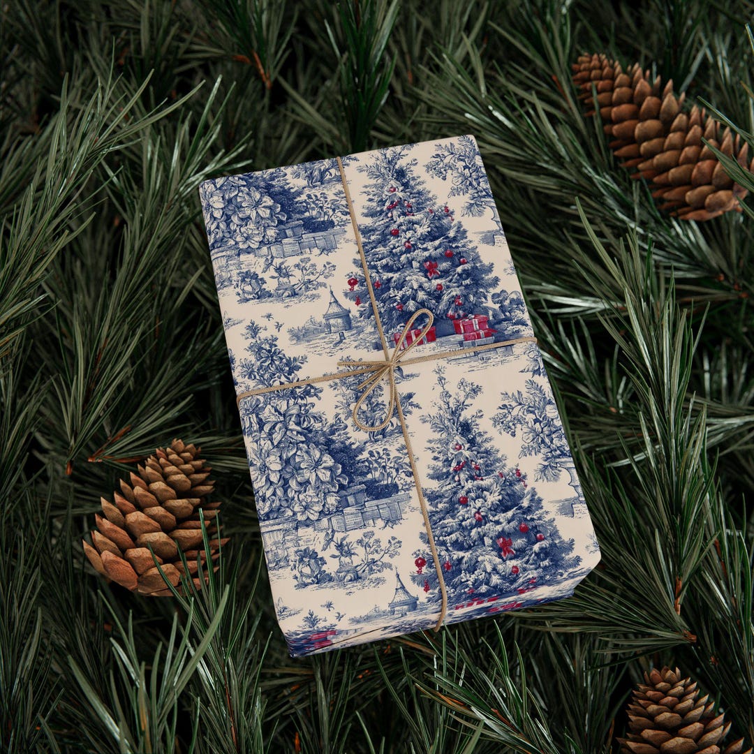 Woodland Toile Blue Christmas Wrapping Paper Roll Rustic Vintage ...