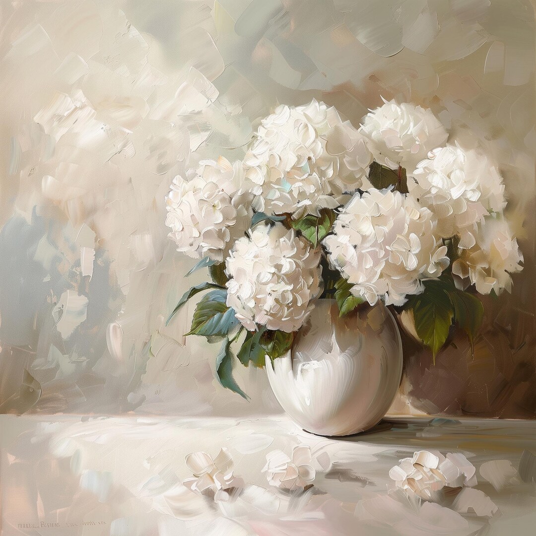 White Hydrangea Oil Painting Print: Botanical Vase Illustration ...