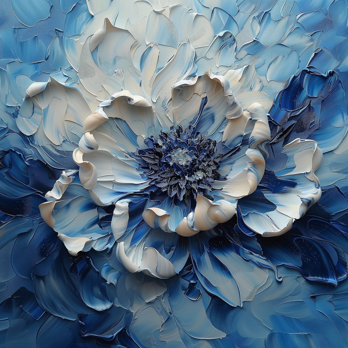 Abstract Blue Peony Wall Art | Oil Knife Painting | Botanical Flower ...