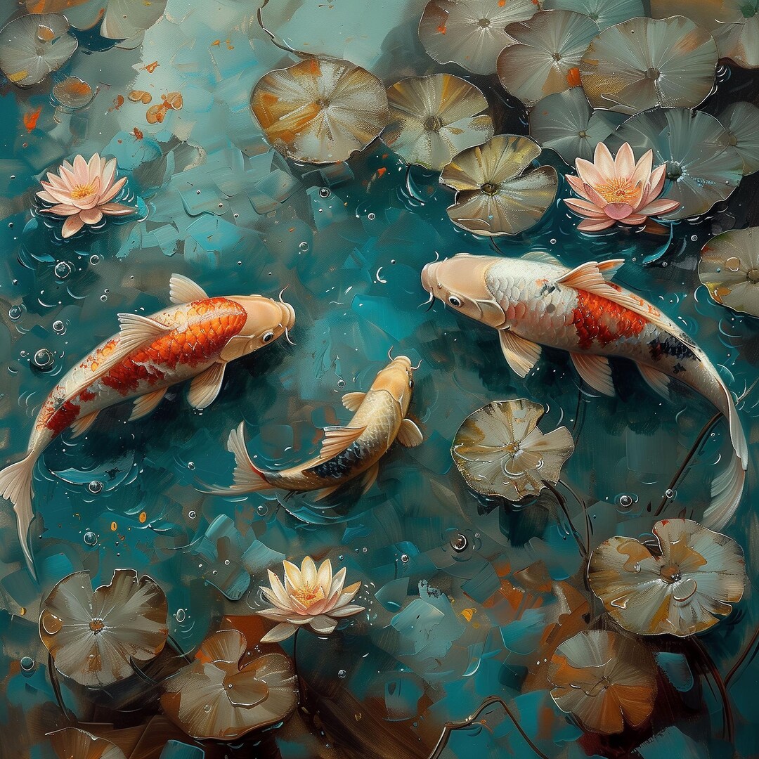 Koi Fish Pond Oil Painting: Serene Nature Illustration (digital ...