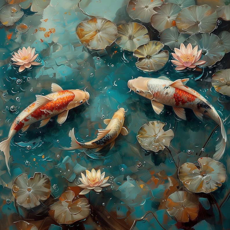 3 Koi Fish Swimming in a Pond | Serene Scenery | Oil Painting | Nature ...