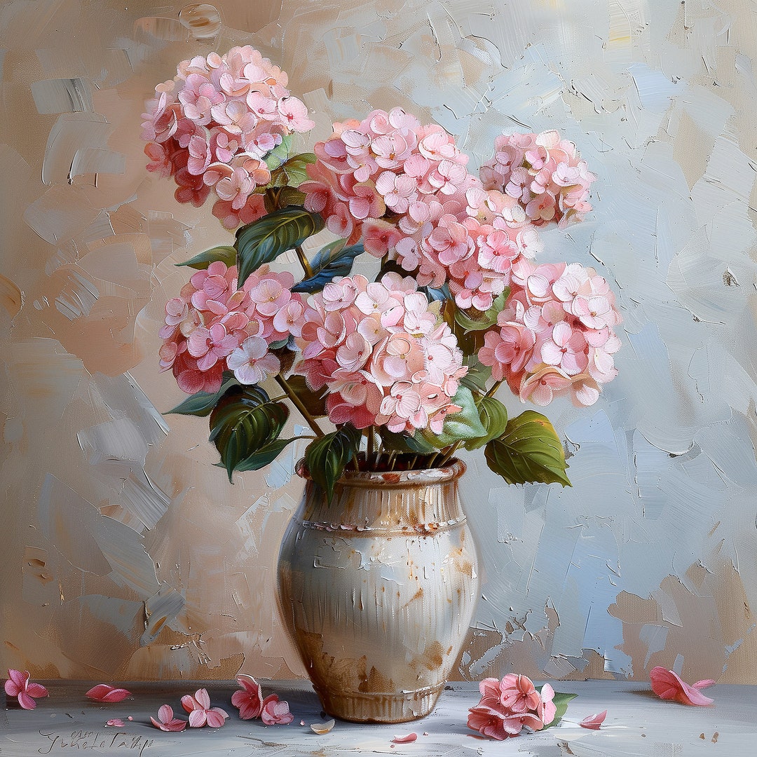 Pink Hydrangeas Oil Painting Print | Soft Grey Background | Elegant ...