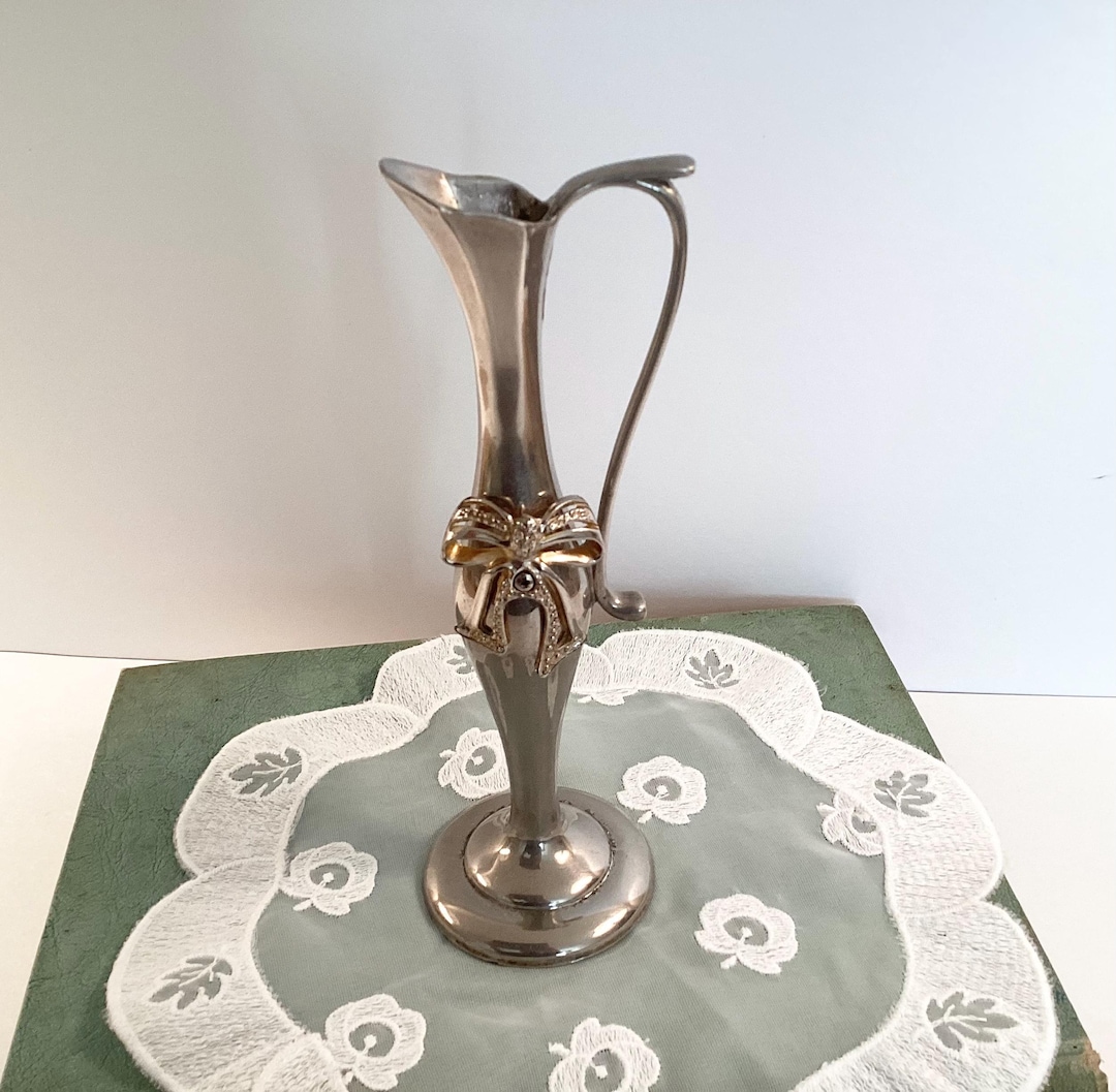 Vintage Silver Tone Metal Slender Pitcher Vase With Gold Tone Bow ...