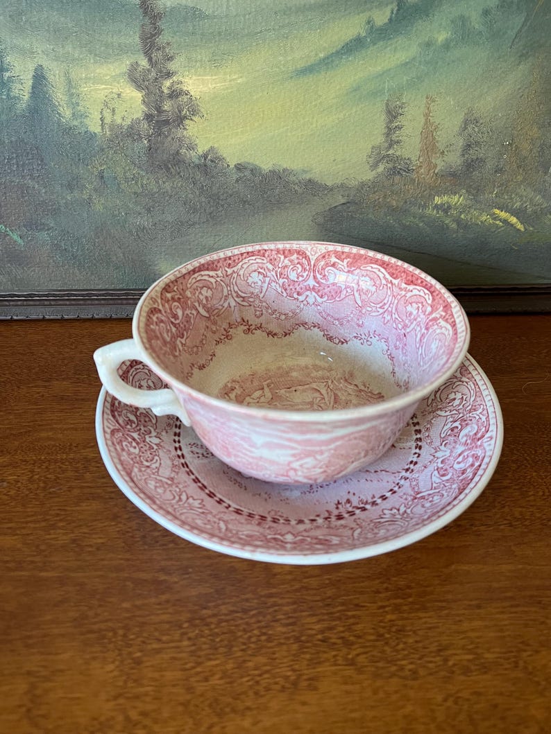 Antique Red Transferware Large Tea Cup and Saucer ”take Ye A Cuppe O ...