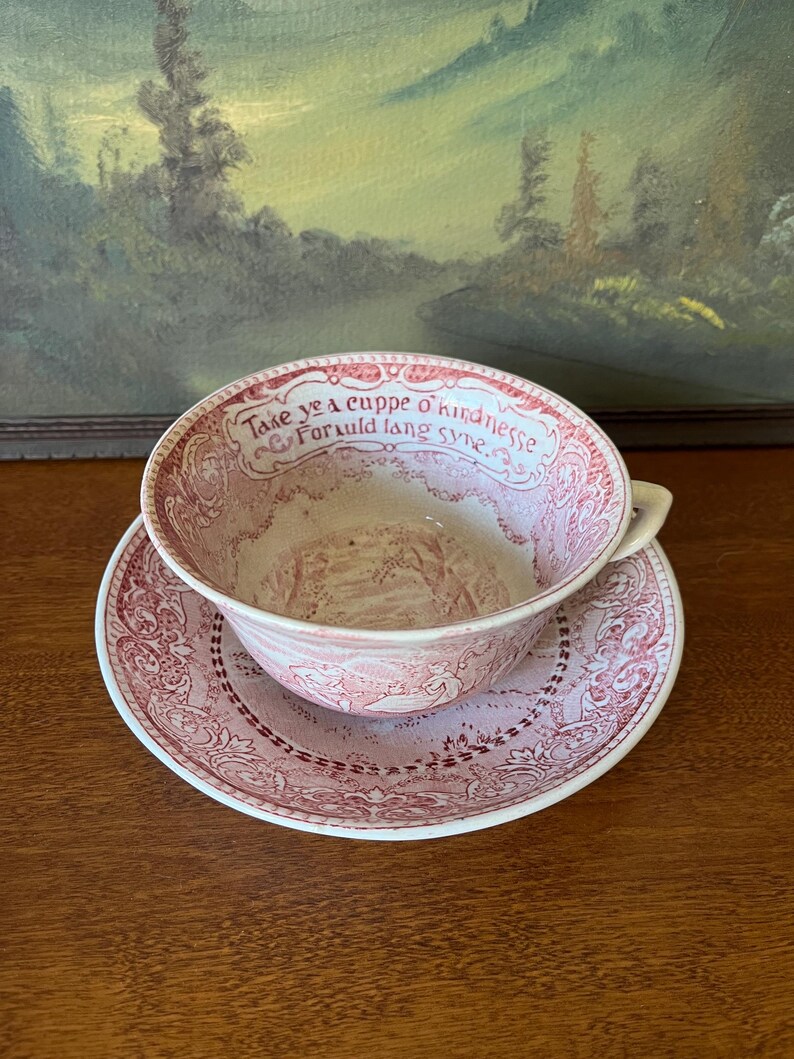 Antique Red Transferware Large Tea Cup and Saucer ”take Ye A Cuppe O ...