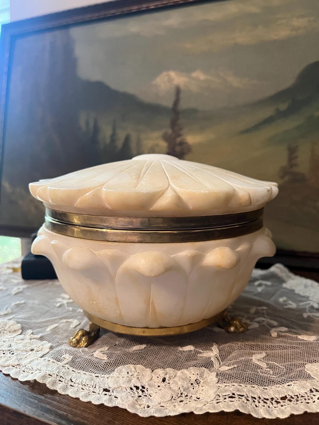 Vintage Carved Genuine Alabaster Jewelry Trinket Box With Floral Lid - Etsy