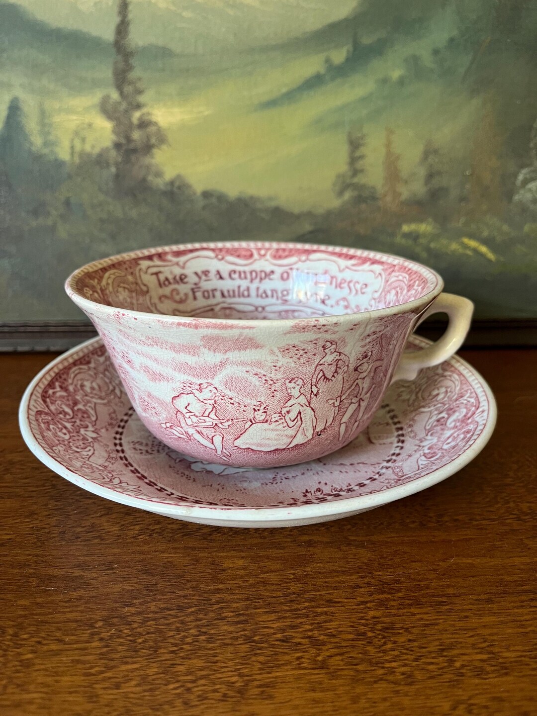 Antique Red Transferware Large Tea Cup and Saucer ”take Ye A Cuppe O ...