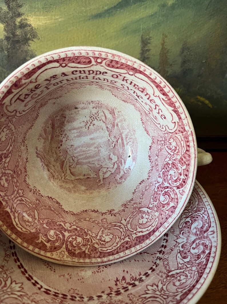 Antique Red Transferware Large Tea Cup and Saucer ”take Ye A Cuppe O ...