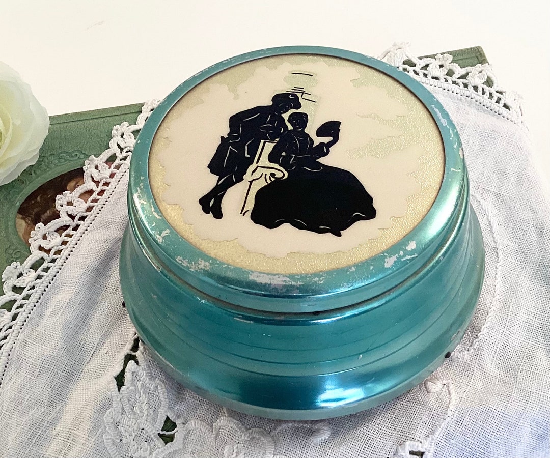 Vintage Tin Silhouette Powder Music Box, Vintage Vanity Blue Tin Music ...