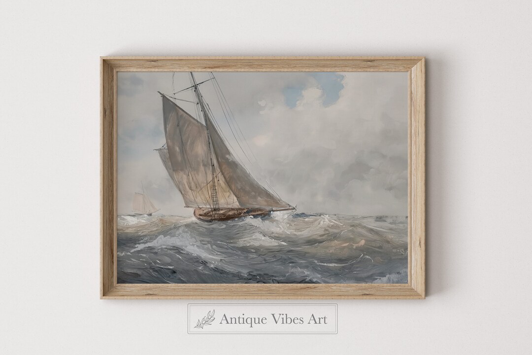 Muted Nautical Seascape Painting, Ship Ocean Coastal Watercolor ...
