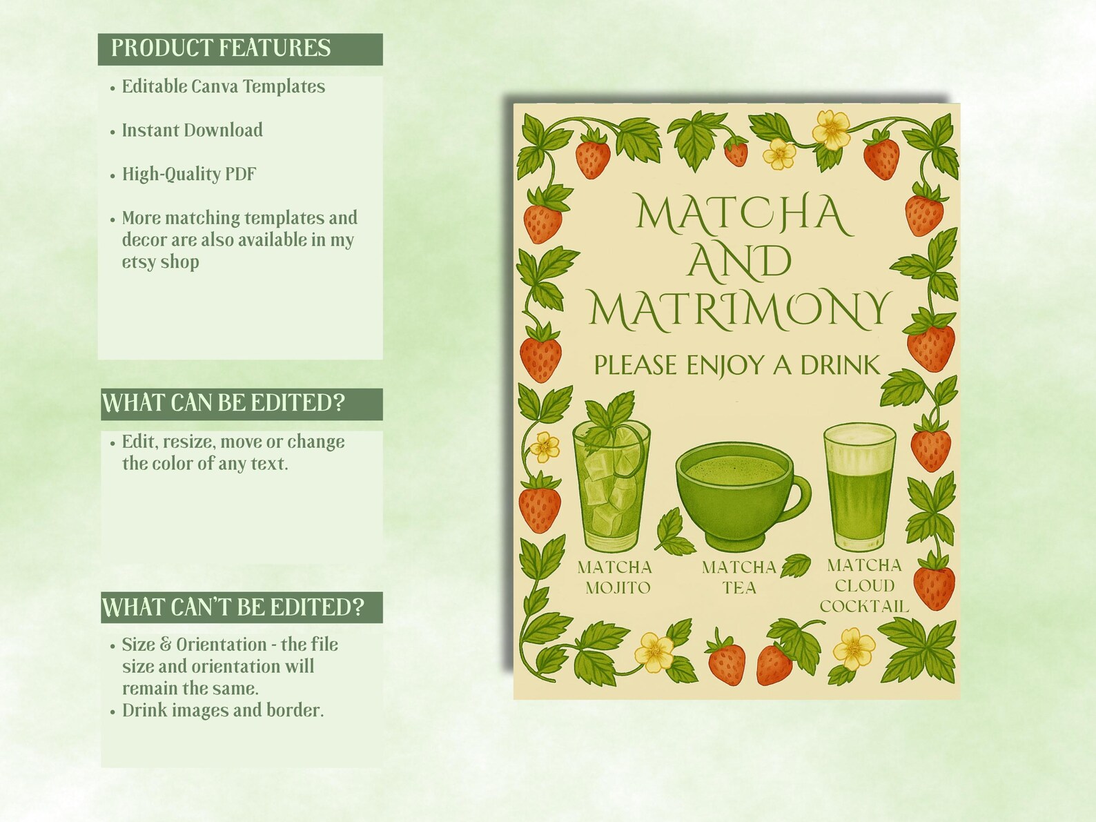 Matcha & Matrimony Drink Menu | Cottagecore Bridal Shower | Tea Party ...