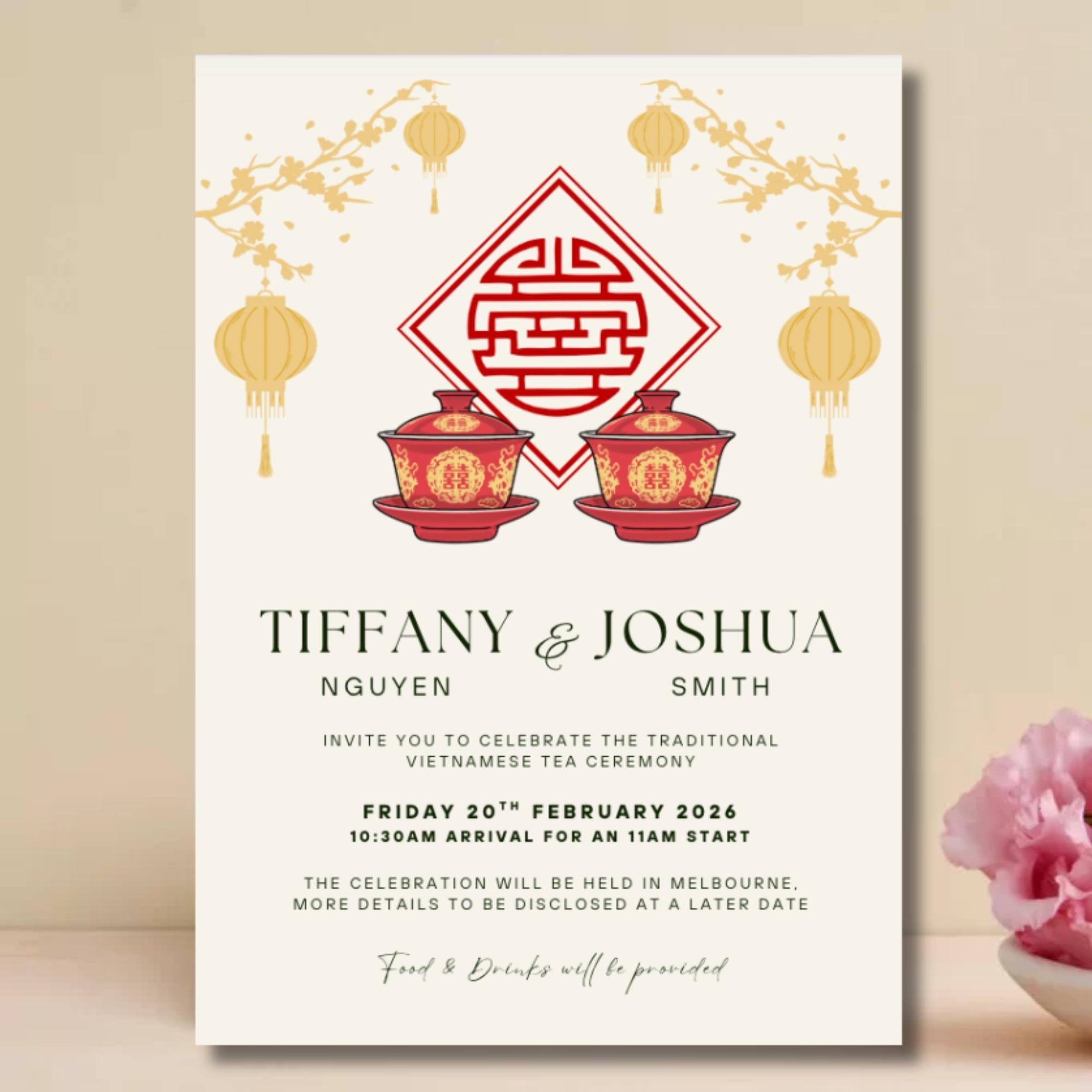 Red Gold Tea Ceremony Invitation Template: Vietnamese Chinese Wedding ...