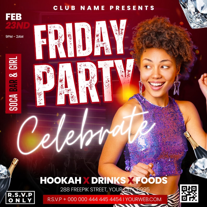 Friday Party Red Club Flyer Template Instagram Post Editable in Canva ...