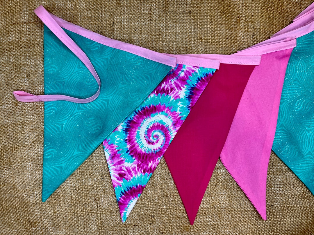 Tie Dye Fabric Bunting: Teal & Pink Party Banner - Etsy