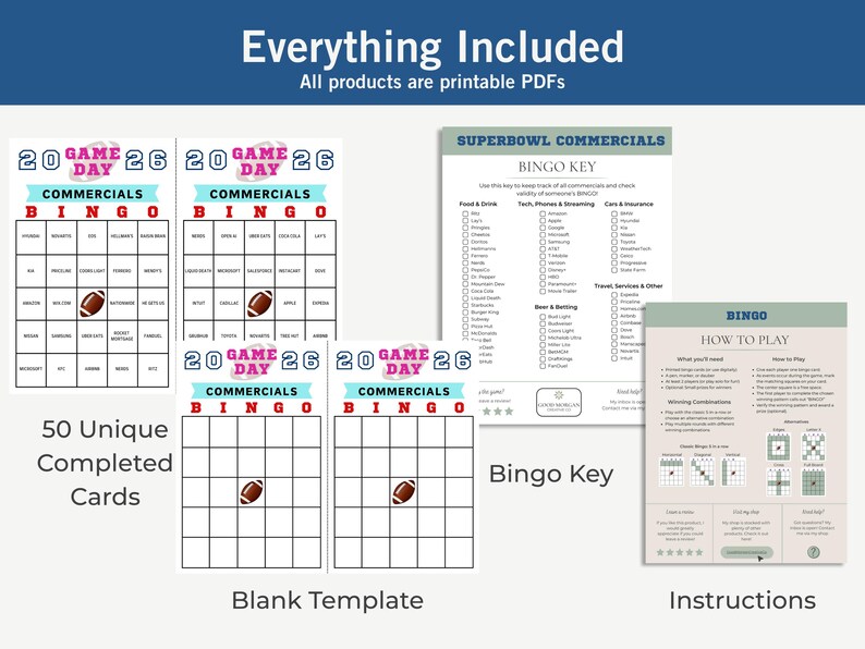 Football Commercials Bingo | 50 Unique Cards, Big Game Party (instant ...