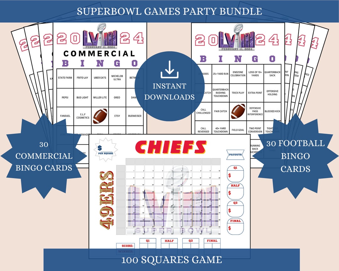 Superbowl Party Games 2024, 60 Printable Bingo Cards, Superbowl ...