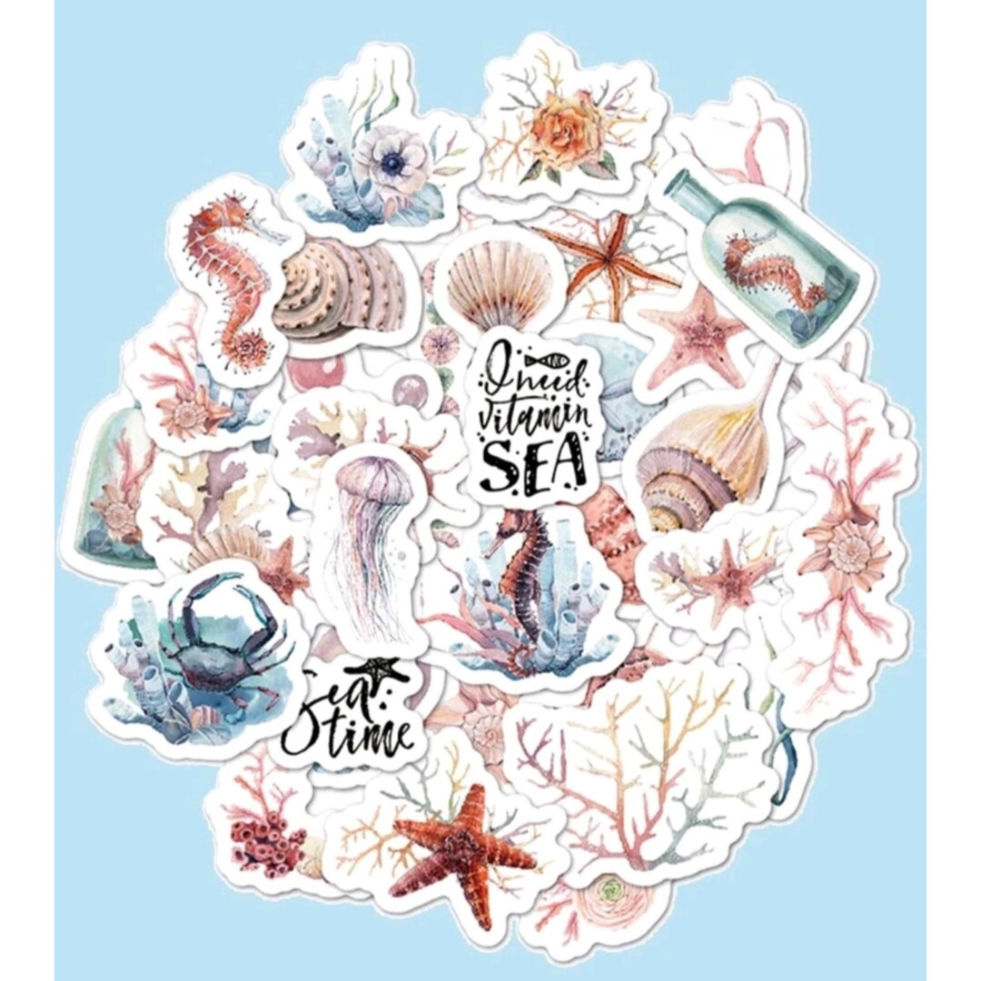 Ocean Themed Stickers Marine and Sea Life Seahorse Shell Seaweed Star ...