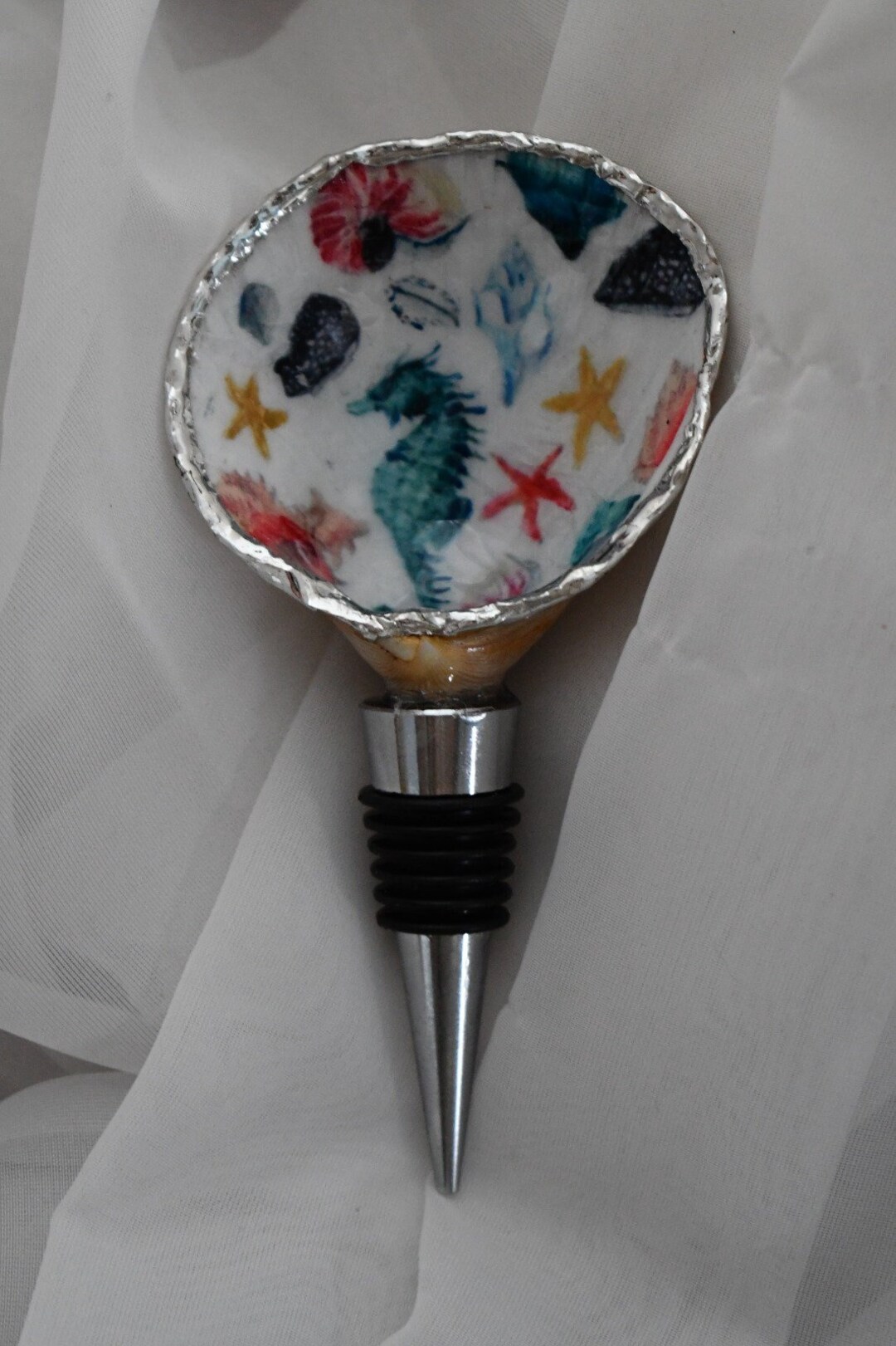 Handcrafted Seashell Wine Bottle Stopper Decoupage Beach Shell Stopper ...