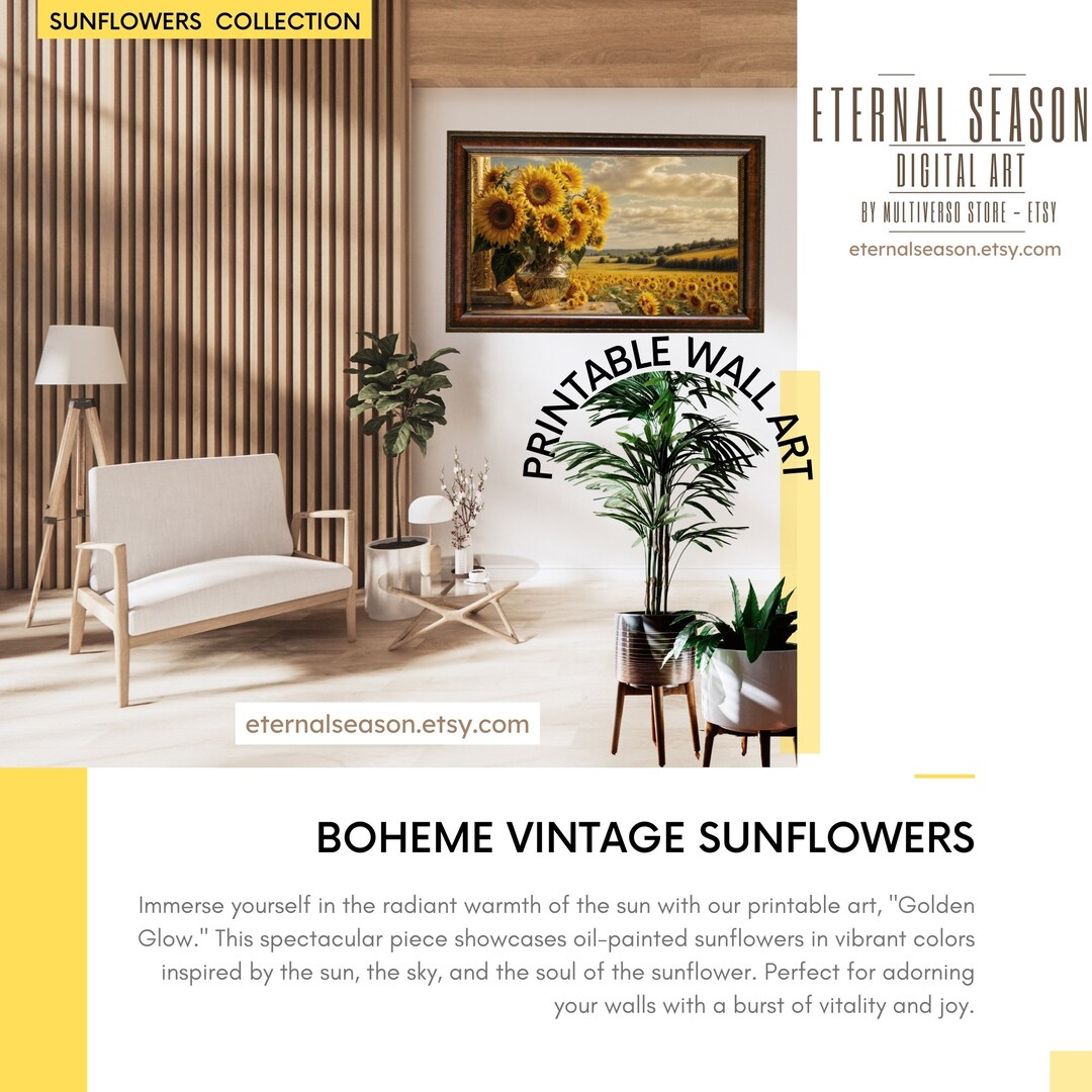 Bohemian Sunflowers Fields Printable Wall Art Collection With Vintage ...