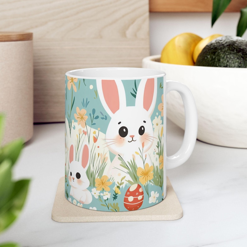 Whimsical Floral Bunny Ceramic Mug for Spring, Cute Easter Gift, Tea ...