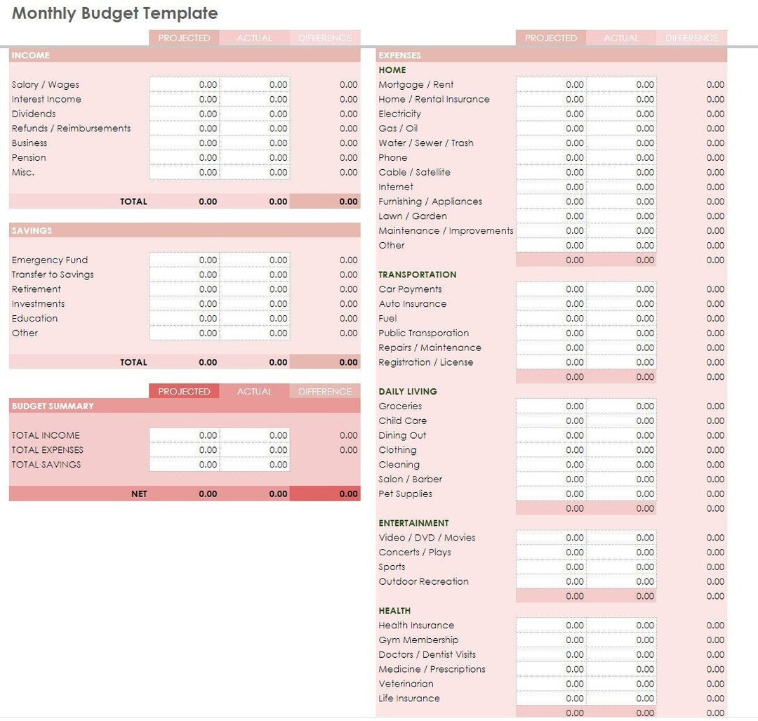 Monthly Budget Template - Excel - Etsy