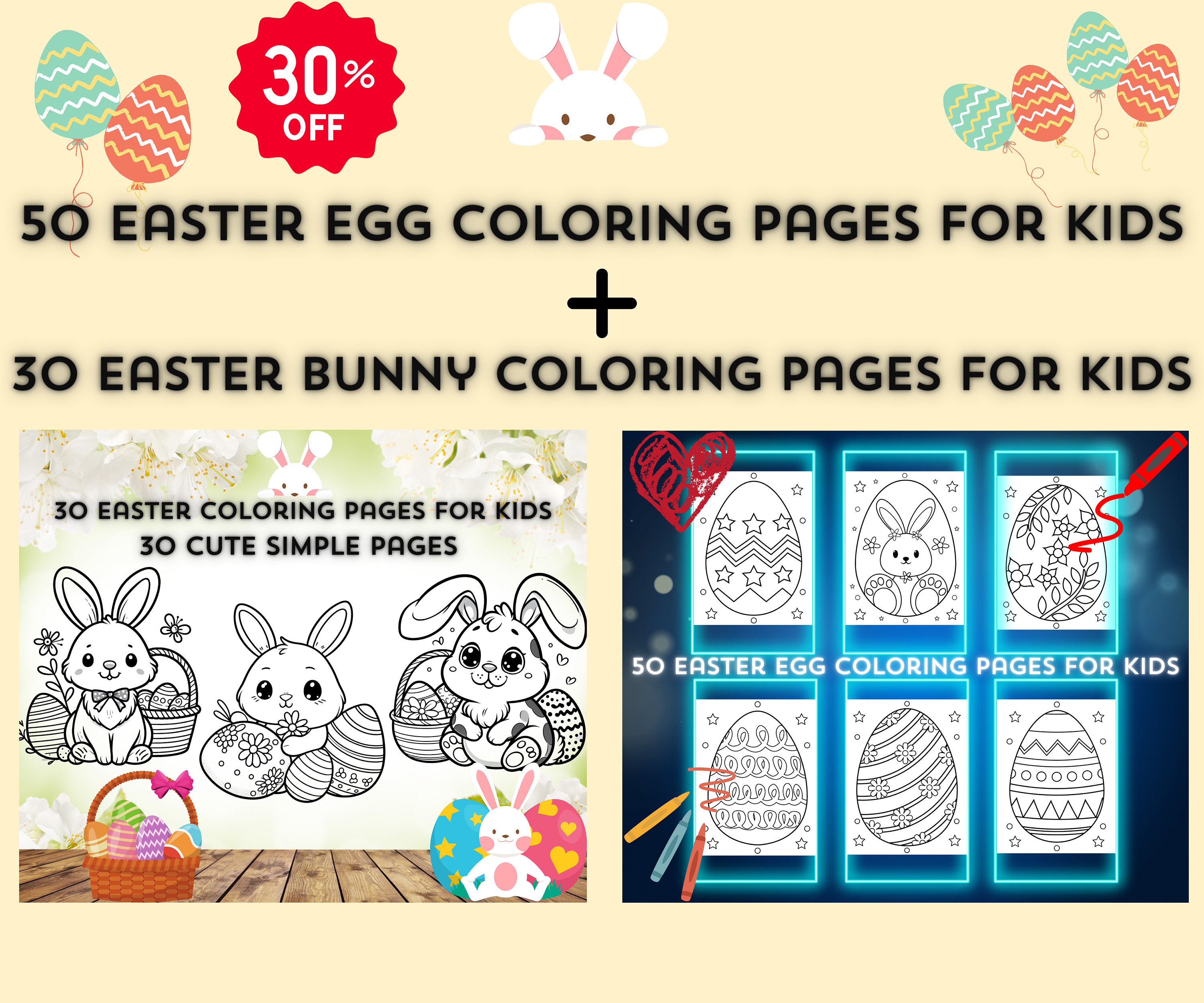 50 + 30 Easter Coloring Pages, Simpe for Kids, Instan Download - Etsy