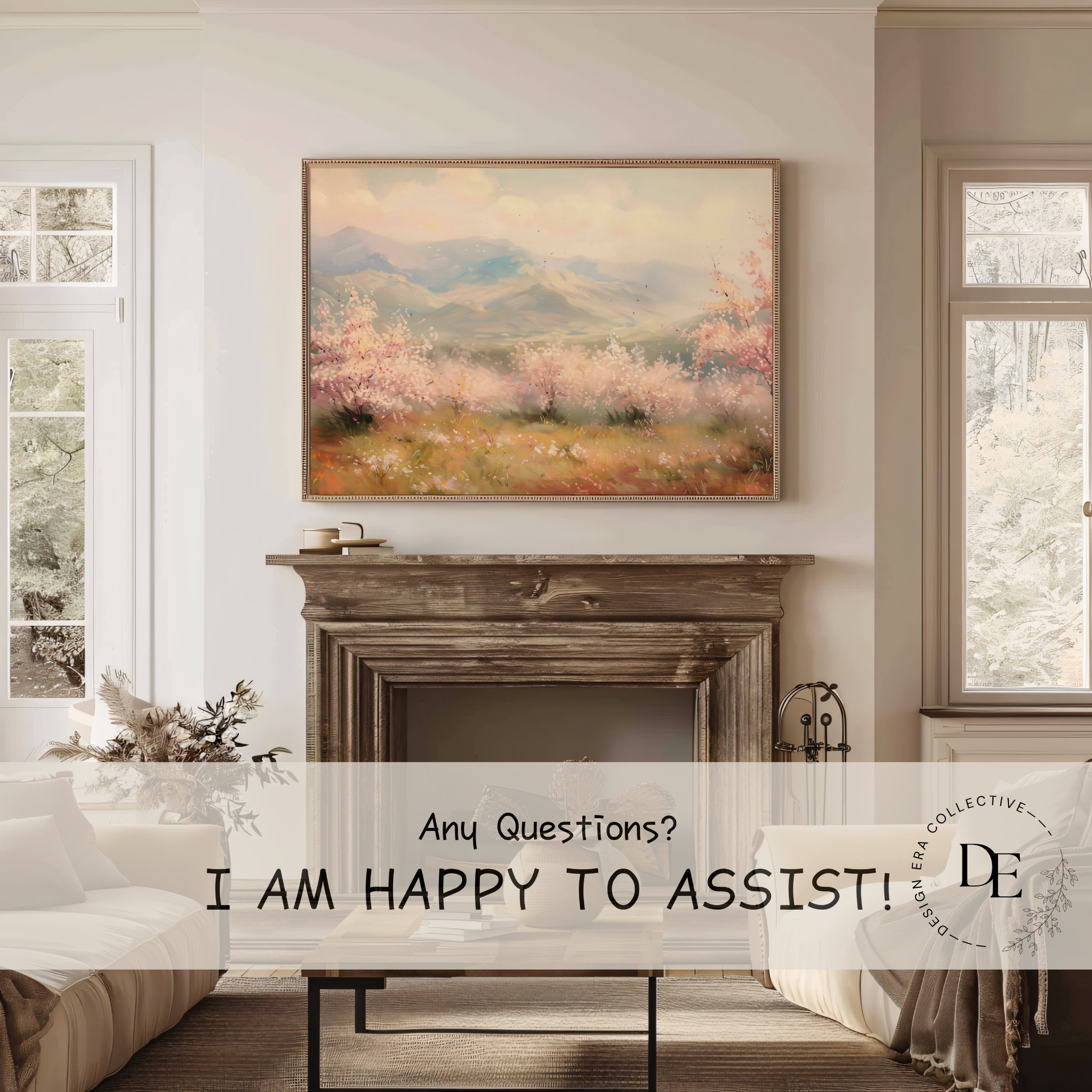 Mountain Pink Trees Art, Cherry Blossoms Spring Digital Prink, Easter ...